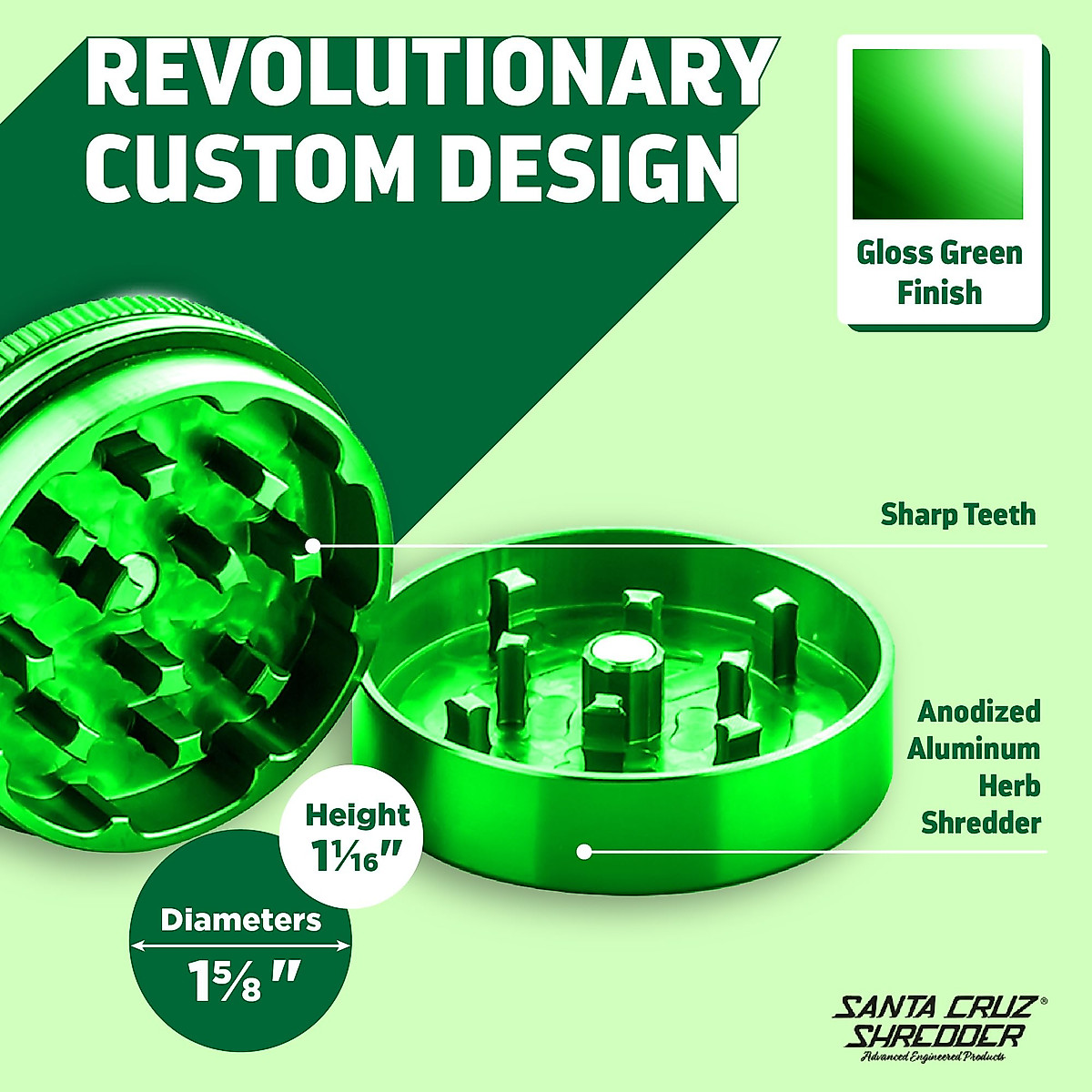Santa Cruz Shredder Metal Herb Grinder Knurled Top for Stronger Grip 2-Piece Small (Mini) 1.7" (Green)