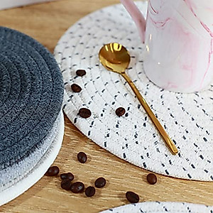 X Large 12 Inches Potholders Set 5 Pcs Trivets Set 100% Cotton Hand Woven Round Place Mats for Kitchen Absorbent, Insulated, Scratch Free Table Protection 2 Pcs 12" and 3 Pcs 7"