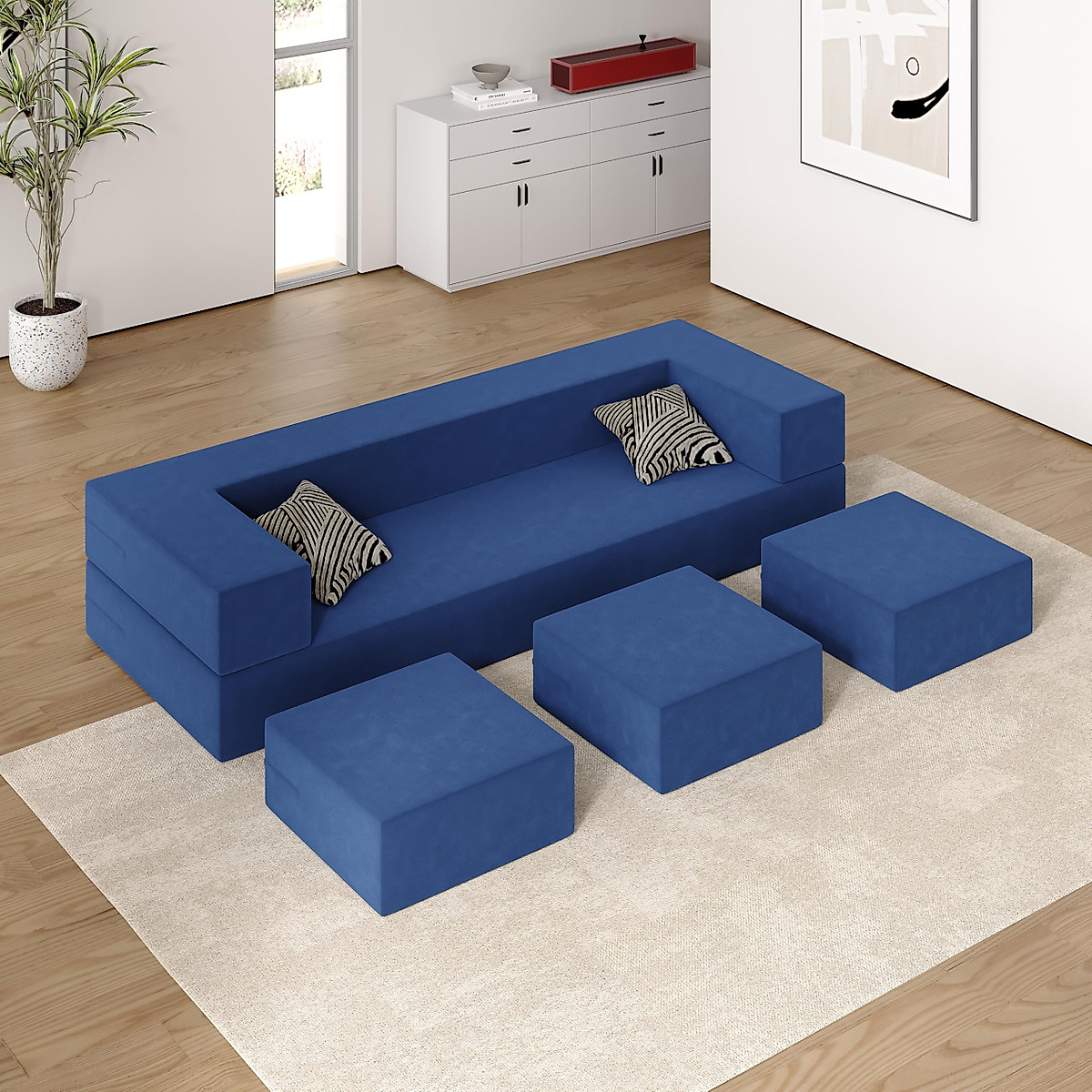 Vivaadecor Queen Folding Bed Couch, Convertible Velvet Futon Sofa Bed with Removable Velvet Cover, 3 Ottomans, Floor Foam Sofa Sleeper Mattress For Guest Room, Office, Play Room, Living Room,Deep Blue