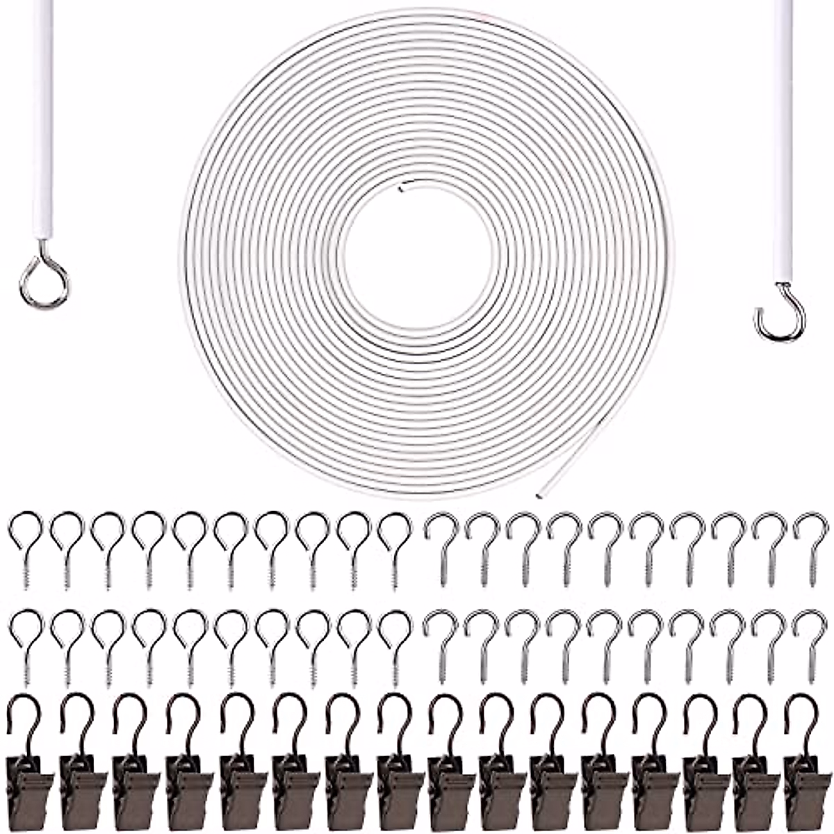 White Curtain Wire 10 Meter Wall Decor Picture Hanging Kit with 20 Pairs of Screw Eyes and Hooks 16 Clips for Net Curtain Rods Clothesline Hanging Decor