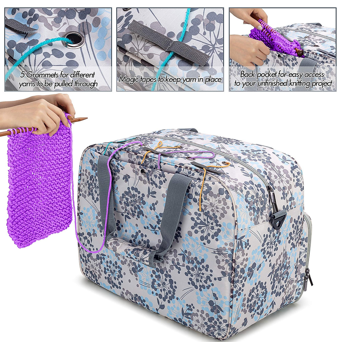 Teamoy Knitting Tote with Inner Dividers for WIP, Yarn Skeins and Knitting Accessories, Yarn Storage Bag with Front Clear Window, Dandelion(Patent Design)