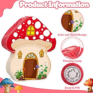 Mushroom Piñata with Stick and Blindfold Fairy Piñata 3D Mushroom Shaped Piñata for Kids Birthday Party Mushroom Hanging Decoration Piñata for Forest Jungle Woodland Baby Shower Party Supplies