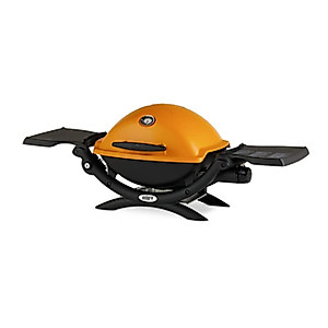 Weber Q1200 Liquid Propane Grill (Orange) Bundle with Portable Cart, Adapter Hose and Grill Cover (4 Items)