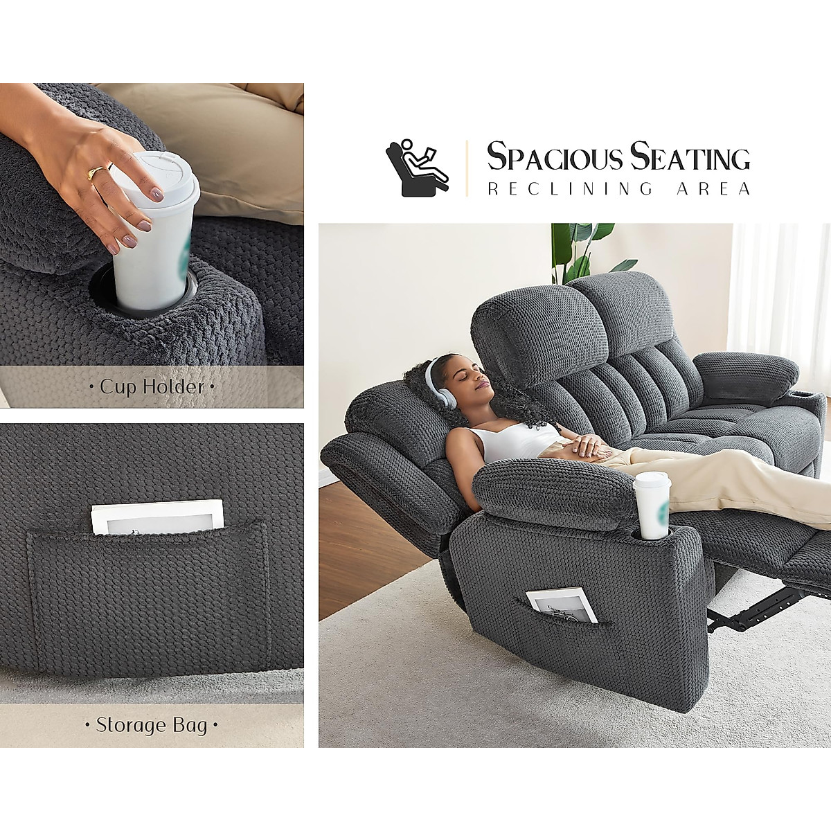 VanAcc Recliner Couch, 3 Seater Sofa Recliner with Cup Holders for Living Room- 85 inch Comfy Couch with Dual Wingback Recliner, Grey Oversized Recliner