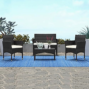 TINKLE WELL Patio Furniture Set, 4 Piece Sectional Conversation Sofa, Outdoor Wicker Rattan Table and Chairs with Thick Cushion for Garden, Yard, or Porch