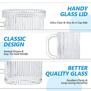 2 Pieces Clear Glass Coffee Mugs with Glass Lids Vintage Vertical Stripes Tea Mug Classic Ribbed Glasses with Handles Clear Coffee Cups for Espresso Latte Anniversary Xmas 14 oz (Clear)