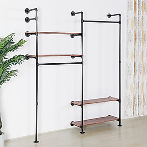 EDCB Industrial Pipe Double Hanging Rods Clothing Rack with 4 Tier Shelves, Heavy Duty Garment Rack Display Rack On Wall for Hanging Clothes Retail Display, Black