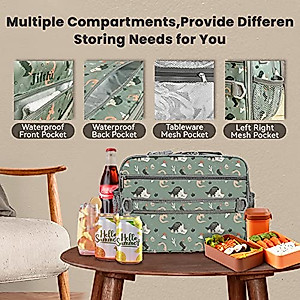 Jiltlu Kids Insulated Lunch Bags, Boys Girls Expandable Lunch Box Reusable Leakproof Portable with Removable Shoulder Strap for School Office Picnic-Olive Green-Dino