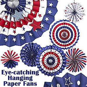 Red White Blue Patriotic Labor Day 4th of July Veteran Day Party Decorations with Decorative Tissue Paper Fans Streamers Swirls Star Garlands Banner for Independence Day Birthday Baby Classroom Decor
