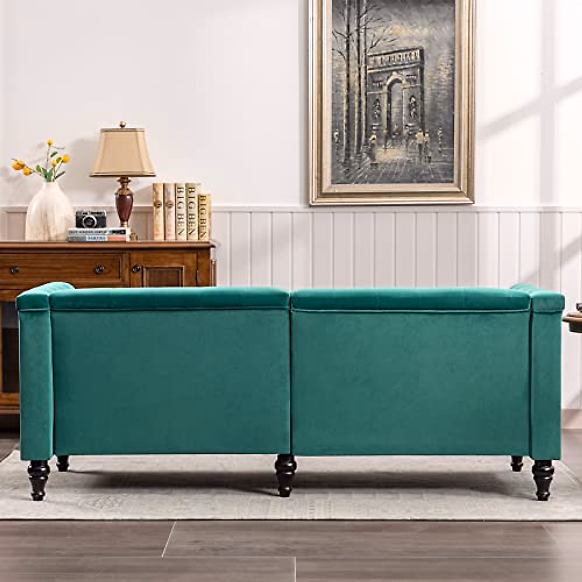 TTGIEET 76'' W Velvet Sofa Mid-Century Modern Love Seats, 3 Seater Sofa Couch with Two Bolster Pillows, Tufted futon Sofa Furniture for Living Room Bedroom Office （Green）