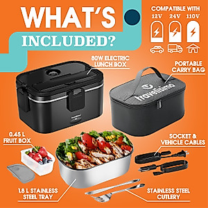 TRAVELISIMO Electric Lunch Box for Adults, 80W Heated Lunch Box 1.8L Stainless Steel Heated Lunchbox For Adults, 12/24/110V Portable Food Warmer For Car Truck Work, Lonchera Eléctrica Portátil