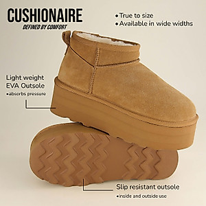 CUSHIONAIRE Hippy Women’s Platform Ankle Boots – Genuine Suede, Faux Fur Lining, Cozy Winter Slip-On Design boots for women, CHESTNUT 11
