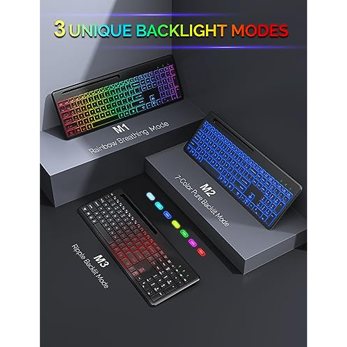 Wireless Keyboard and Mouse with 15 Backlit Effects, Rechargeable Keyboard Mouse Combo with Phone Holder, 2.4G Lag-Free, Silent Light Up Keyboard & Mouse Set for Windows, Mac, PC, Laptop -by SABLUTE