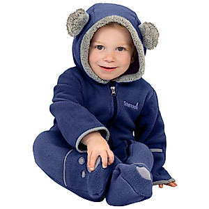 Snonook Fleece Baby Jacket - Winter Suit Bunting Bodysuit with Fold Over Mittens & Footies, Hooded & Zipper Down, Soft Cozy Warm Jumpsuit for Infants, Midnight Navy, 12/18 months