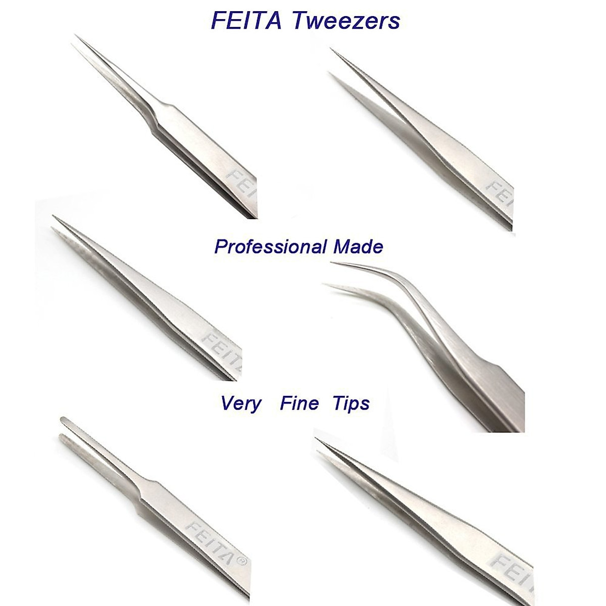 Professional Tweezers Set - FEITA Precision Tweezers with Travel Case - Stainless Steel Tweezers for Plucking, Watchmakers, Jewelry, Electronic, Craft (Silver 7Pcs)
