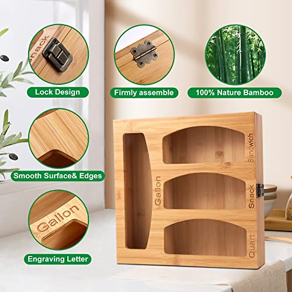 Ziplock Bag Storage Organizer For Drawer, Bamboo Food Storage Bags Dispenser For Kitchen Pantry, Baggie holder With Openable Top Lids Compatible With Gallon, Quart, Snack & Sandwich Variety Size Bags