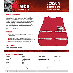 MCR Safety - 611ICV204 ICV204 Incident Command Polyester/Cotton Safety Vest with 1-Inch White Reflective Stripe, Red