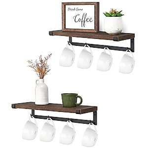 Dahey Mug Holder Wall Mounted Mug Rack with Hooks, Set of 2, Storage Rustic Floating Shelf Coffee Bar Accessories Wood Coffee Cup Hanger for Organizing Cooking Utensil Home Kitchen Decor, Brown