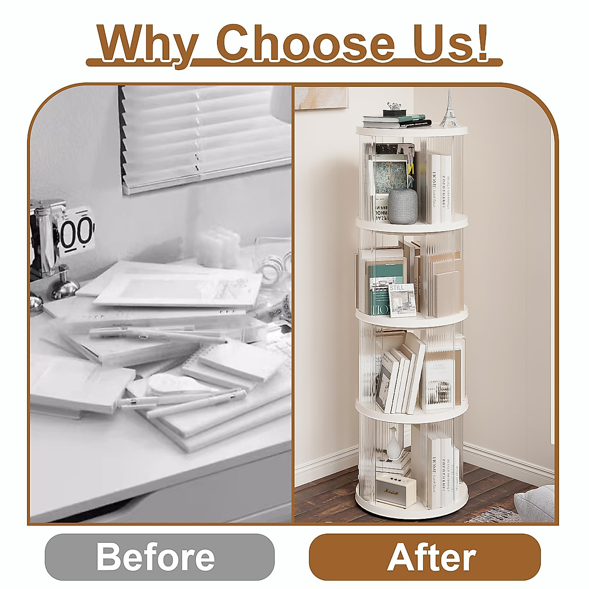 Sybrioka 4 Tier Rotating Bookshelf 360 Degree Swivel Bookcase, Clear Acrylic Round Spinning Book Shelf Organizer, Corner Display Shelf for Kids Bedroom, Living Room (4 Tier)