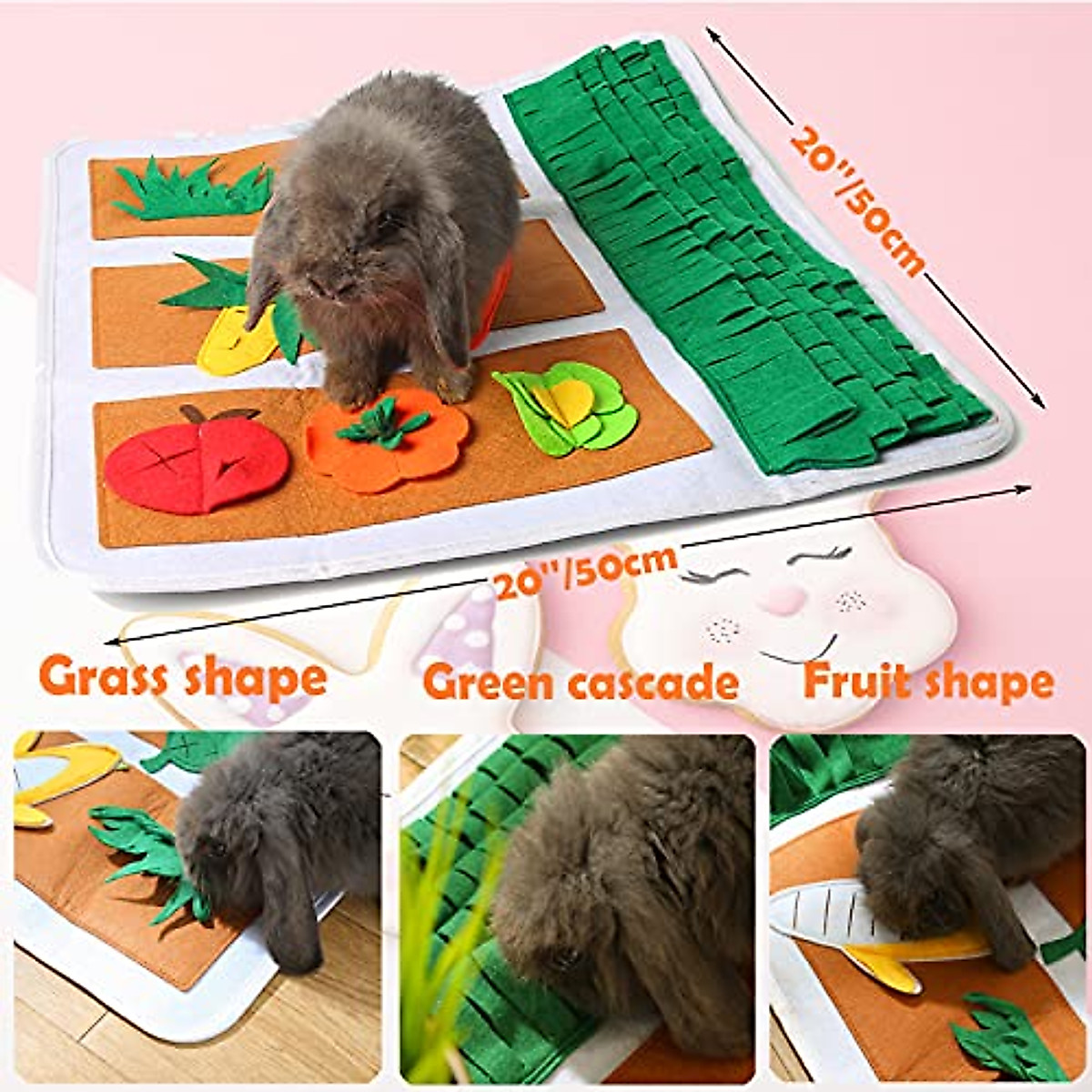 Rabbit Foraging Mat 20" × 20" Machine Washable Polar Fleece Pet Snuffle Mat Encourages Natural Foraging Skills Interactive Games for Bunny, Guinea Pigs, Chinchillas, Small Animals, Dog