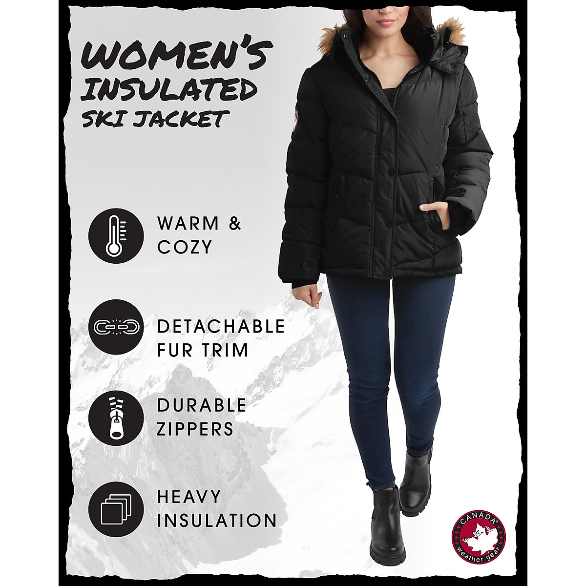 CANADA WEATHER GEAR Women's Winter Coat - Quilted Heavyweight Puffer Parka Coat – Plus Sized Jacket for Women (S-3X), Size Large, Black/Natural