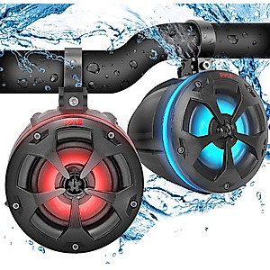 Pyle 2-Way Dual Waterproof Off-Road Speakers - 4" 800W Marine Grade Wakeboard Tower Speakers System w/RGB Lights & Remote, Full Range Outdoor Audio Stereo Speaker for ATV/UTV, Jeep, Boat PLUTV44BTR