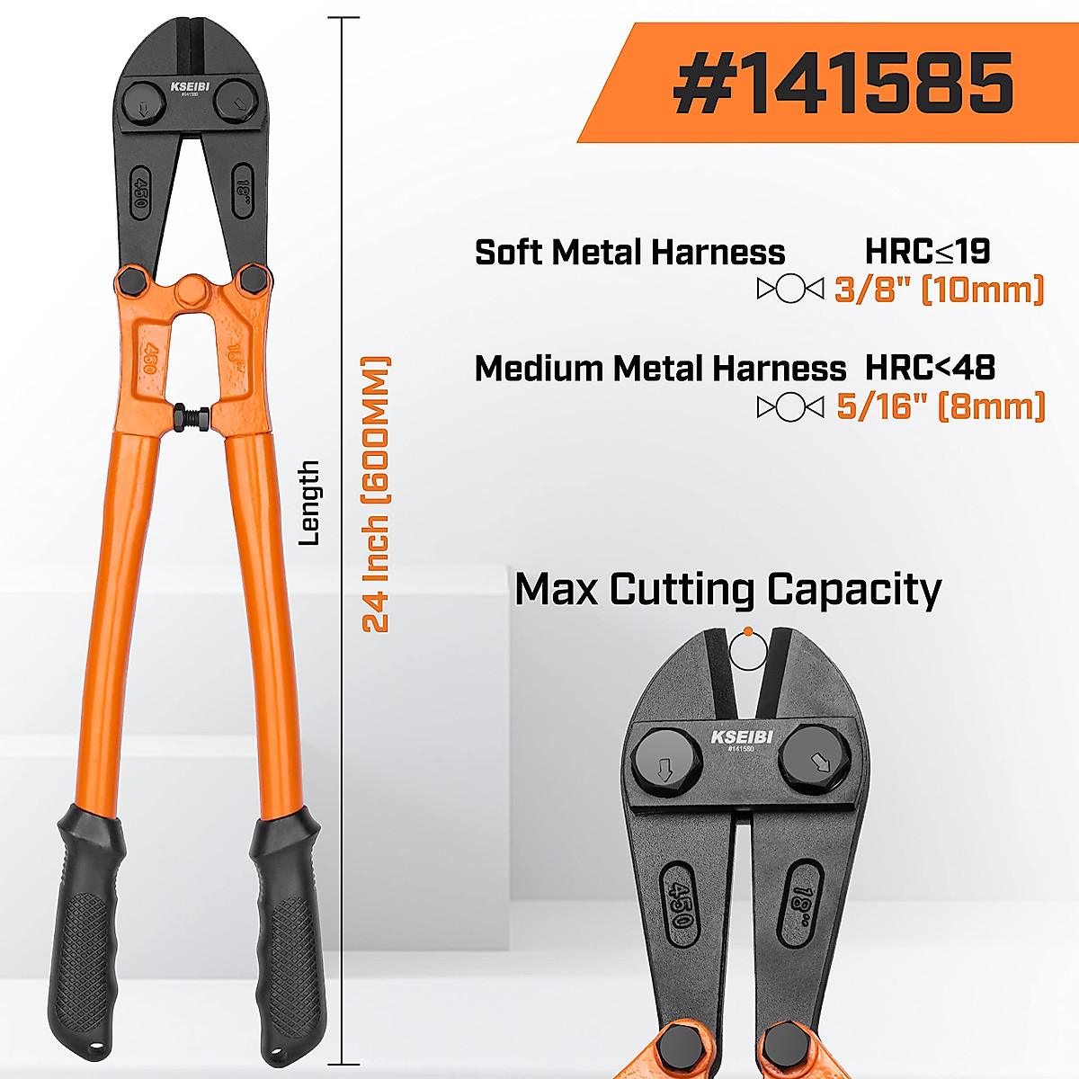 KSEIBI 141585 Heavy-Duty Medium Size Bolt Cutter 24" for Cutting Fence, Steel Wire, Chain, Screws, Rivet, and Medium Padlock, with Soft Grip Rubber Ergonomic Handle Cutters