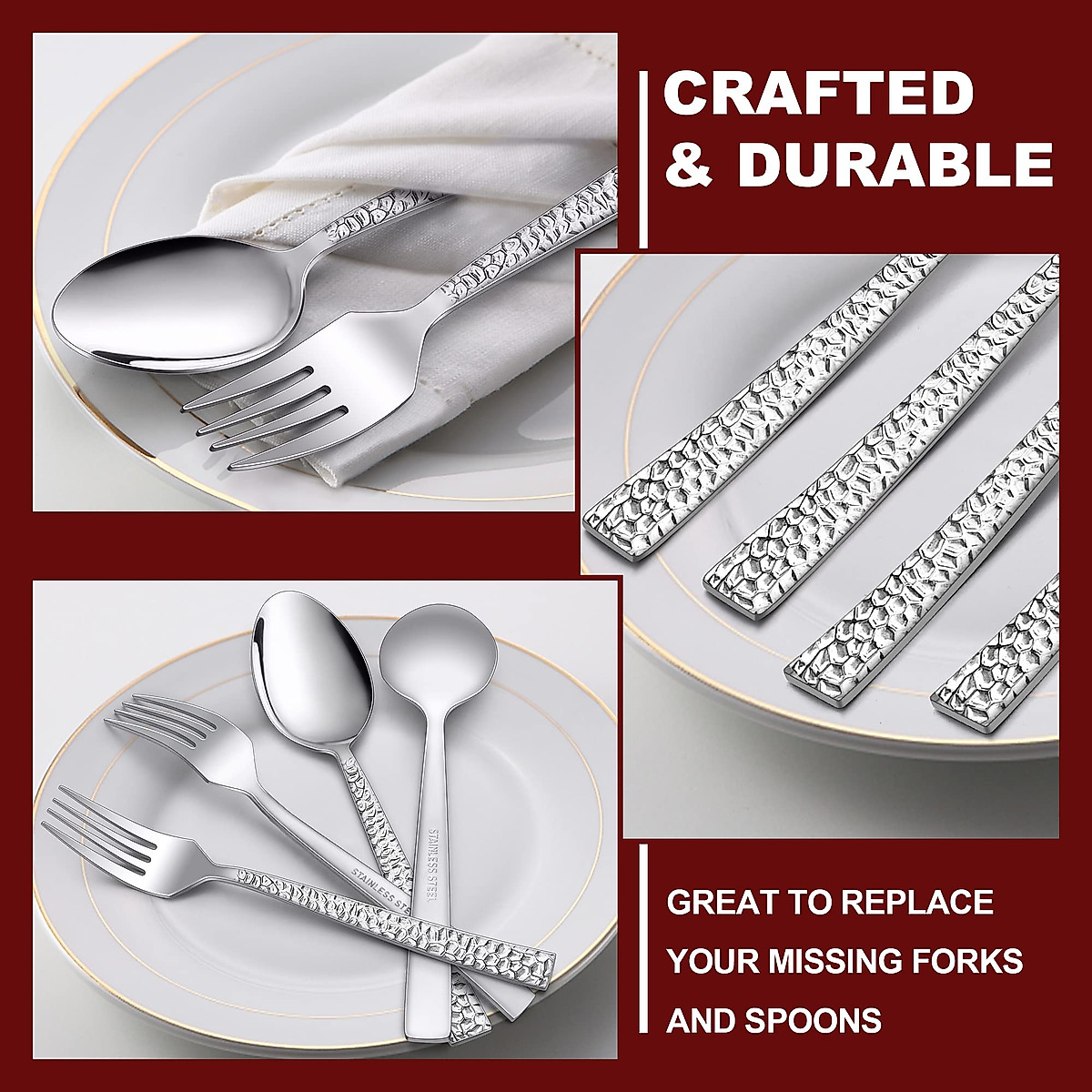 E-far 24-Piece Hammered Forks and Spoons Silverware Set, Stainless Steel Square 12 Dinner Forks and 12 Dinner Spoons, Modern Metal Flatware Cutlery for Kitchen and Restaurant, Dishwasher Safe-7.9 Inch