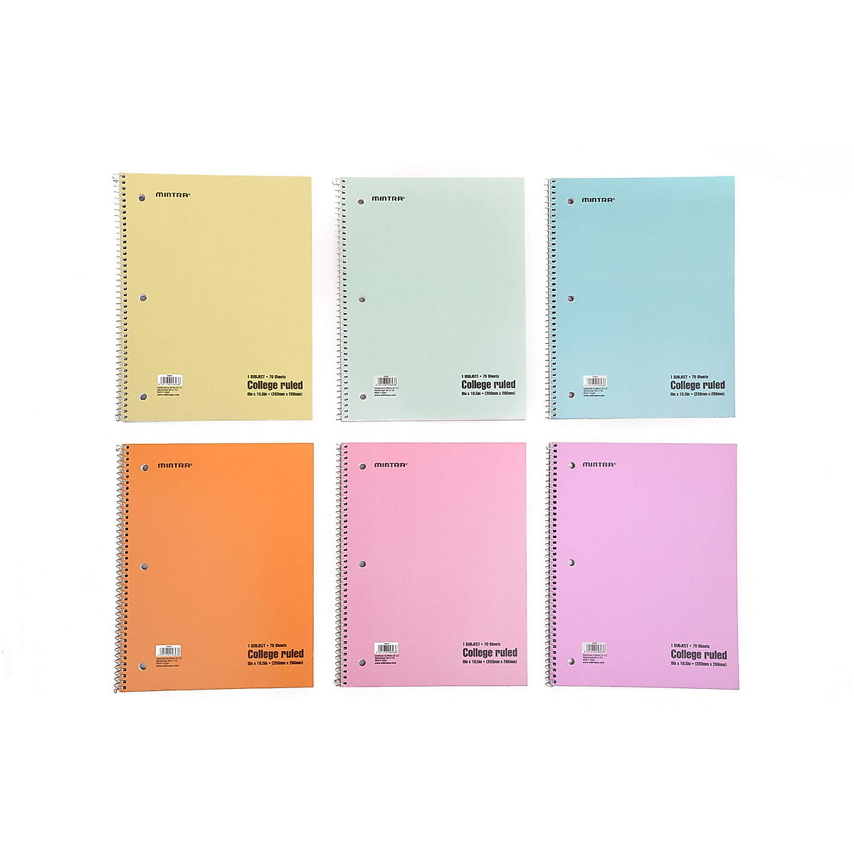 Mintra Office Spiral Notebooks - Pastel, College Ruled, 6 Pack, For School, Office, Business, Professional,70 Sheets