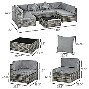 Outsunny 7-Piece Patio Furniture Sets Outdoor Wicker Conversation Sets All Weather PE Rattan Sectional Sofa Set with Cushions & Tempered Glass Desktop, Grey