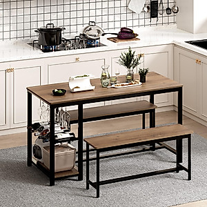 BOTLOG 3-Piece Kitchen Table for 4, 54.7" Dining Table Set with 2 Benches, Dining Room Table with MDF Wood Board, Storage Shelf, Wine and Glass Rack, Industrial (Brown)