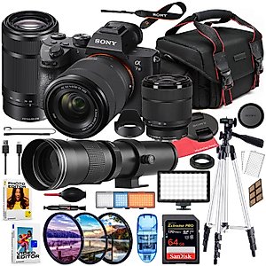 Sony a7 III Mirrorless Camera with 28-70mm & 55-210mm Lens Bundled Kit + Accessory Package with 420-800mm Zoom Telephoto, LED Light, Filters, 64GB Extreme SD, Case, & Editing Software Package