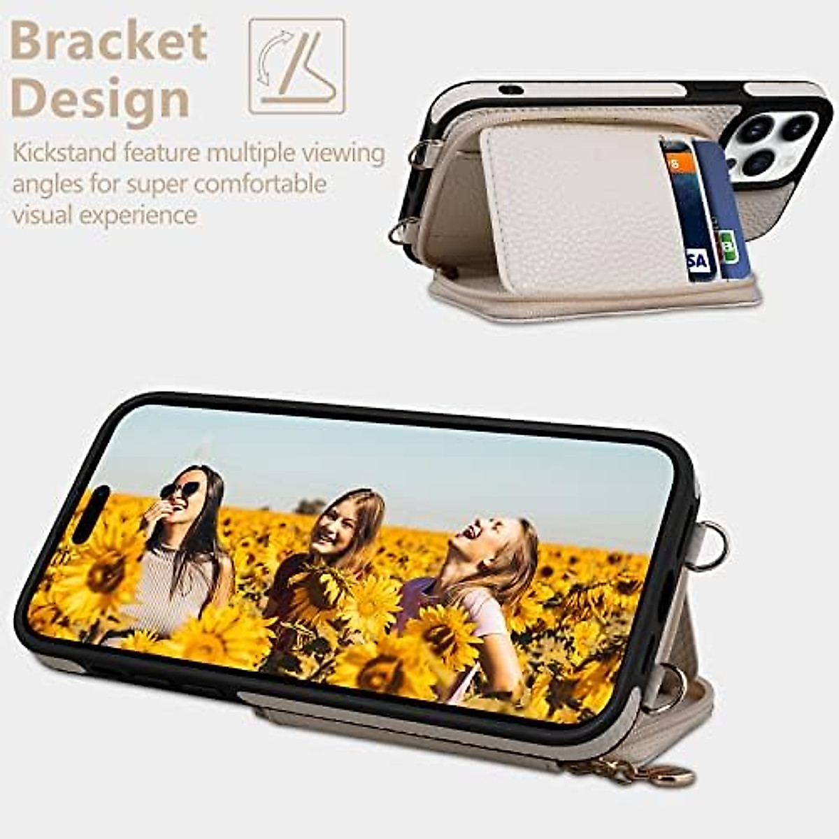 Keallce Case for iPhone 14 Pro Max 6.7'' Wallet Case, Crossbody Zipper Handbag with RFID Blocking 10 Card Slot Kickstand, Detachable Shoulder & Wrist Strap Protective Cover for iPhone 14 Pro Max,Beige