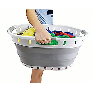 SAMMART 36L (9.5 Gallon) Collapsible 3 Handled Plastic Laundry Basket - Oval Basket - Foldable Storage Container/Organizer - Space Saving Laundry Hamper (White/Grey)