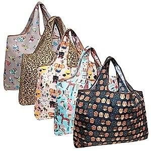 allydrew Large Foldable Tote Nylon Reusable Grocery Bags, 5 Pack, Cuddly Animals