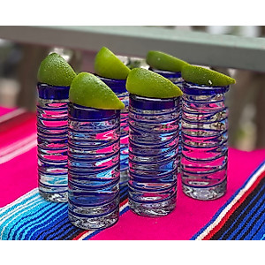 Dos Sueños Hand Blown Mexican Tequila Shot Glasses – Set of 6 Blue Spiral Tequila Shot Glasses (2 oz each) …