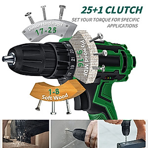 Cordless Drill Driver Set 21V, Power Drill Cordless 23PCS with Batteries 1500mAh, 25+1 Torque Hammer Drill, 3/8" Chuck, 2 Speed, 0-600 RPM/0-1300 RPM Variable Speed, LED Light for Home