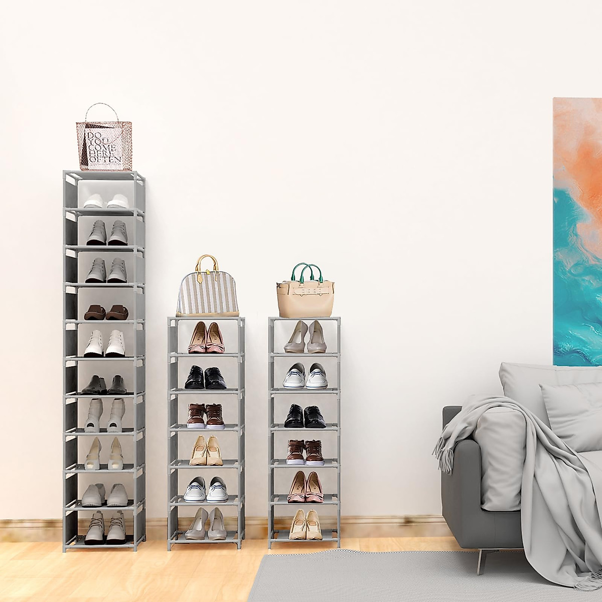 isightguard Narrow Shoe Rack, 10 Tier Vertical Shoe Rack for Closet Entryway Tall Slim Shoe Rack for Small Spaces Shinky Shoe Organizer Space Saving Corner Shoe Shelf Shoe Tower (Grey)