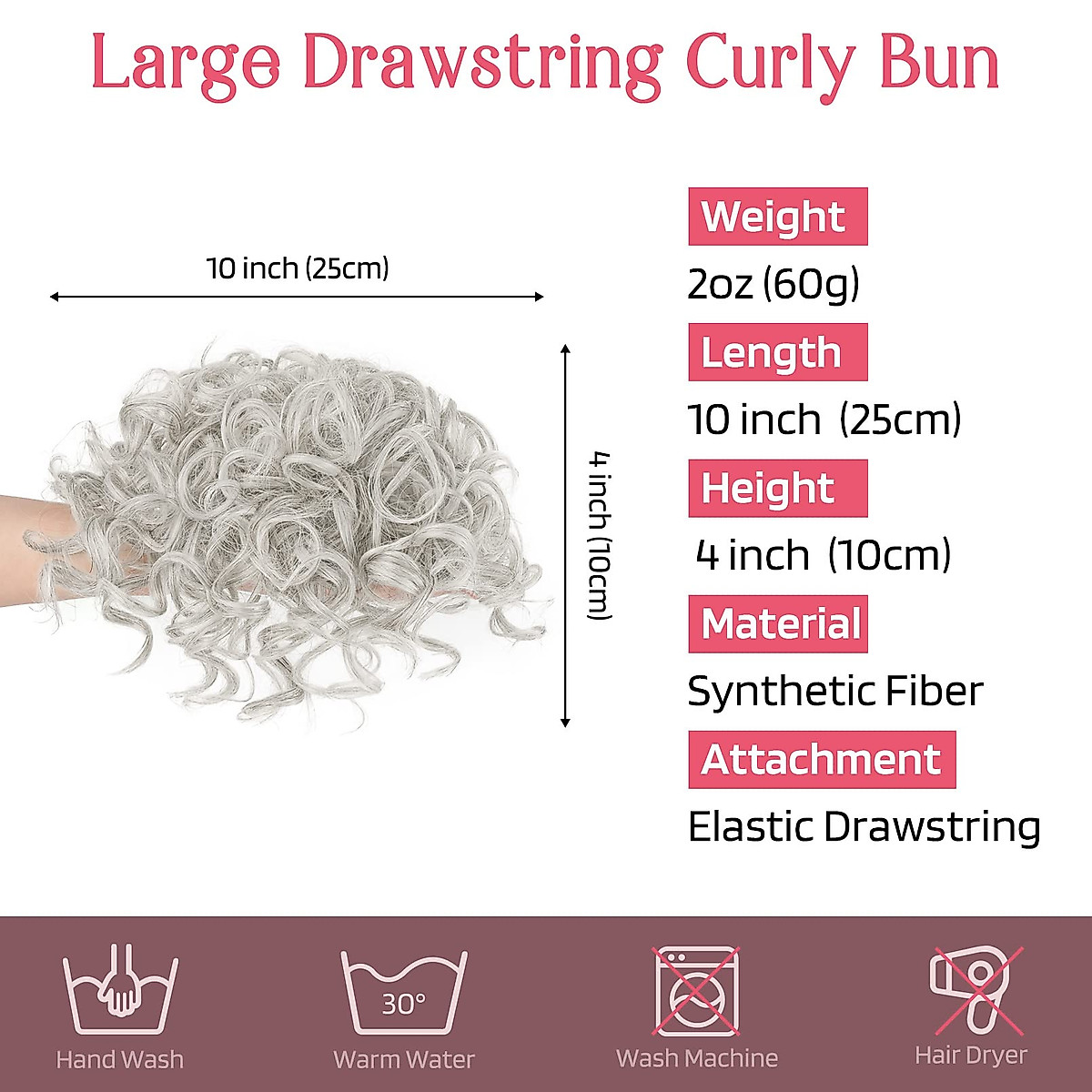 HOOJIH 1PCS Messy Hair Bun Piece Elastic Drawstring Loose Wave Large Curly Bun 60 Gram Short Synthetic Ponytail Hair Bun Extension for Women Daily Use - Silver Gray With Brown mixed