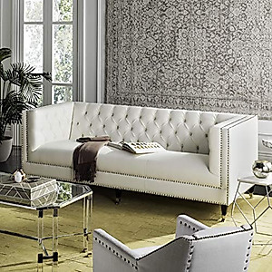 Safavieh Couture Home Miller White Leather and Chateau Brown Tufted Sofa