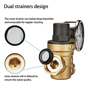 Esright Brass Water Pressure Regulator 3/4 Lead-Free with Gauge for RV Camper Adjustable Water Pressure Regulator,Build-in Oil (NH Threads)