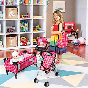fash n kolor 4 Piece Doll Play Set, includes - 1 Pack N Play. 2 Doll Stroller 3.Doll High Chair. 4.Infant Seat, Fits Up to 18'' Doll (4 Piece Set)