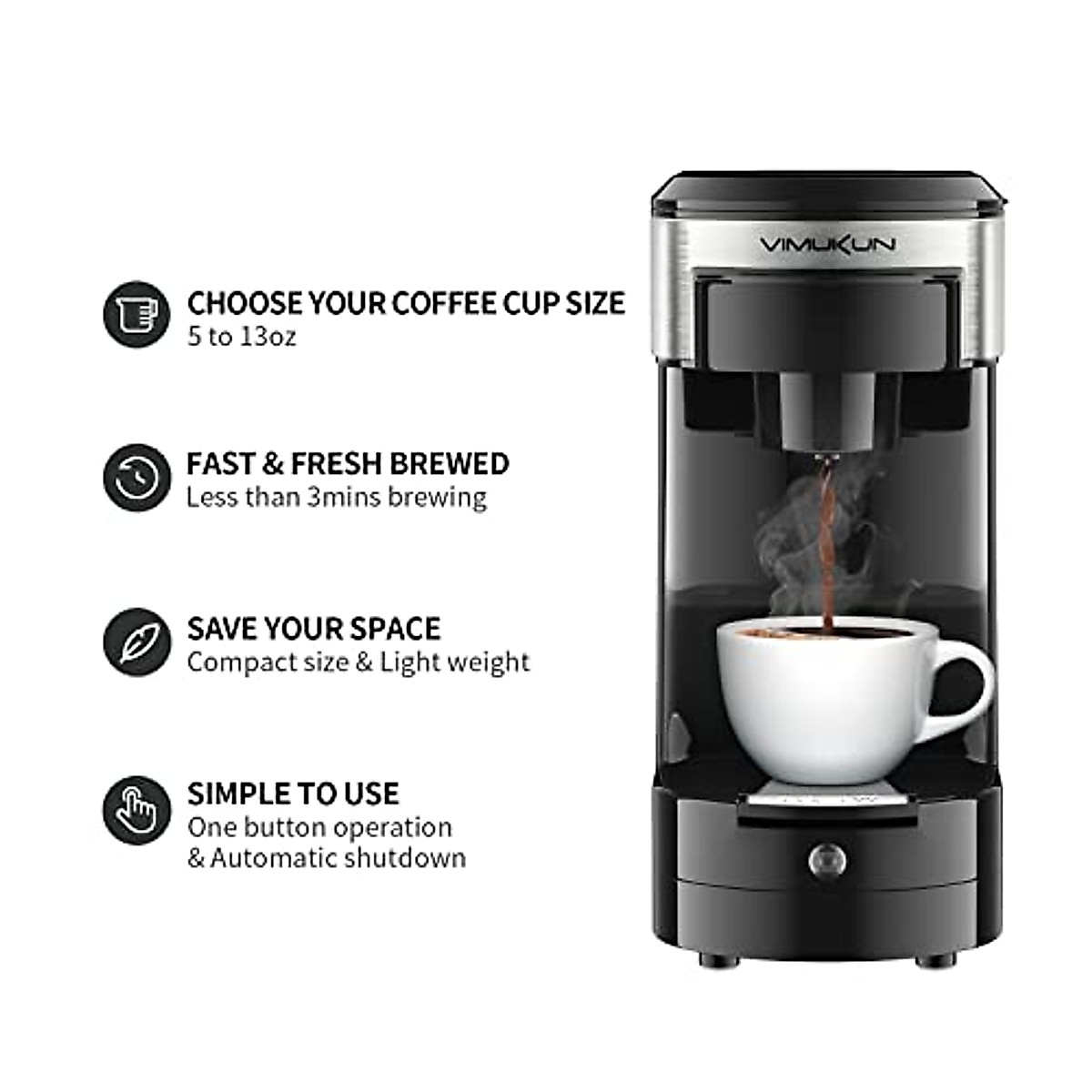 VIMUKUN Single Serve Coffee Maker, Compatible with K-Cup Pod & Ground Coffee, Coffee Brewer with One Button Operation and Auto Shut-off, 5-13 oz. Mini Size