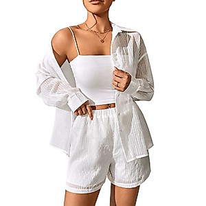 Verdusa Women's 2 Piece Outfit Sheer See Through Long Sleeve Button Up Shirt Blouse Top and High Waist Short Sets White S