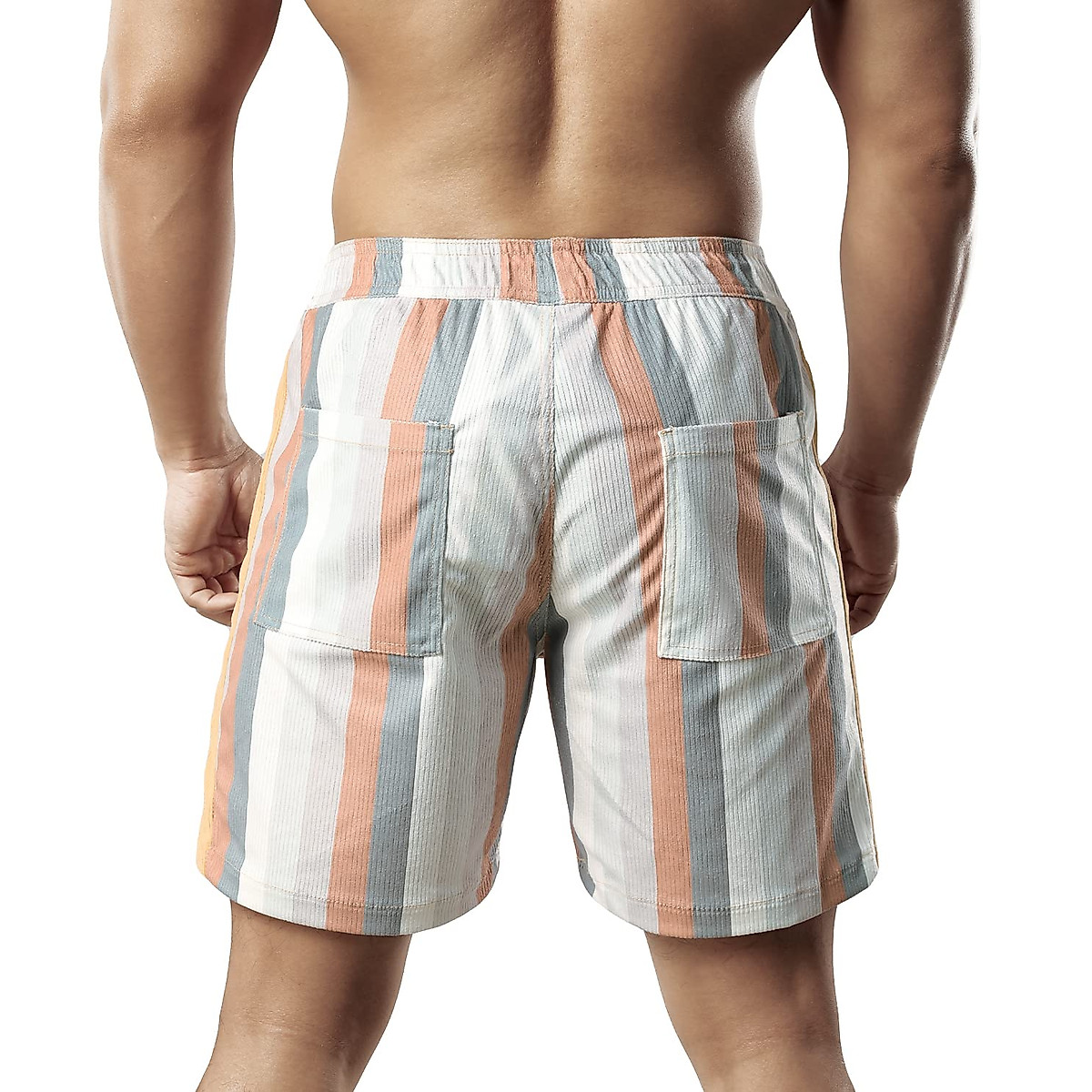 JOTOOK Men's Casual Drawstring Corduroy Shorts Elastic Waist Summer Shorts with Pocket Printed Shorts Medium Grey White Stripe