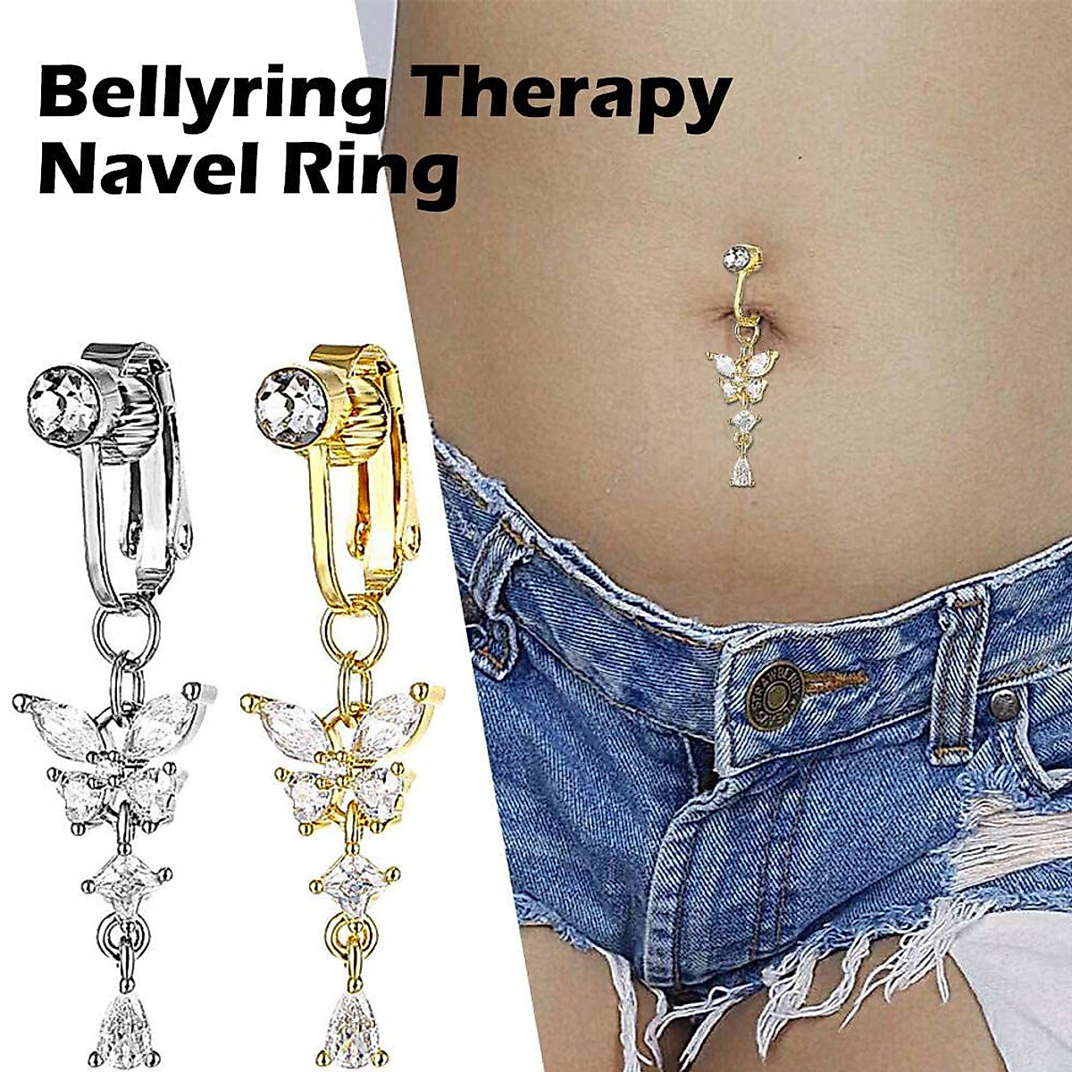 Fake Belly Piercing Fake Belly Button Ring,Dangle Belly Button Ring for Women,Butterfly Stainless Steel Belly Rings,Fake Belly Button Piercing Clip for Women Jewelry Gifts