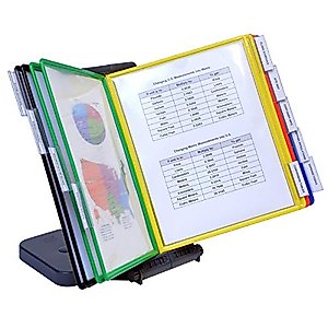 Ultimate Office AdjustaView 10-Pocket Desk Reference Organizer with Easy-Load Pockets and Compact Weighted Base for Maximum Stability (Colored Pockets)