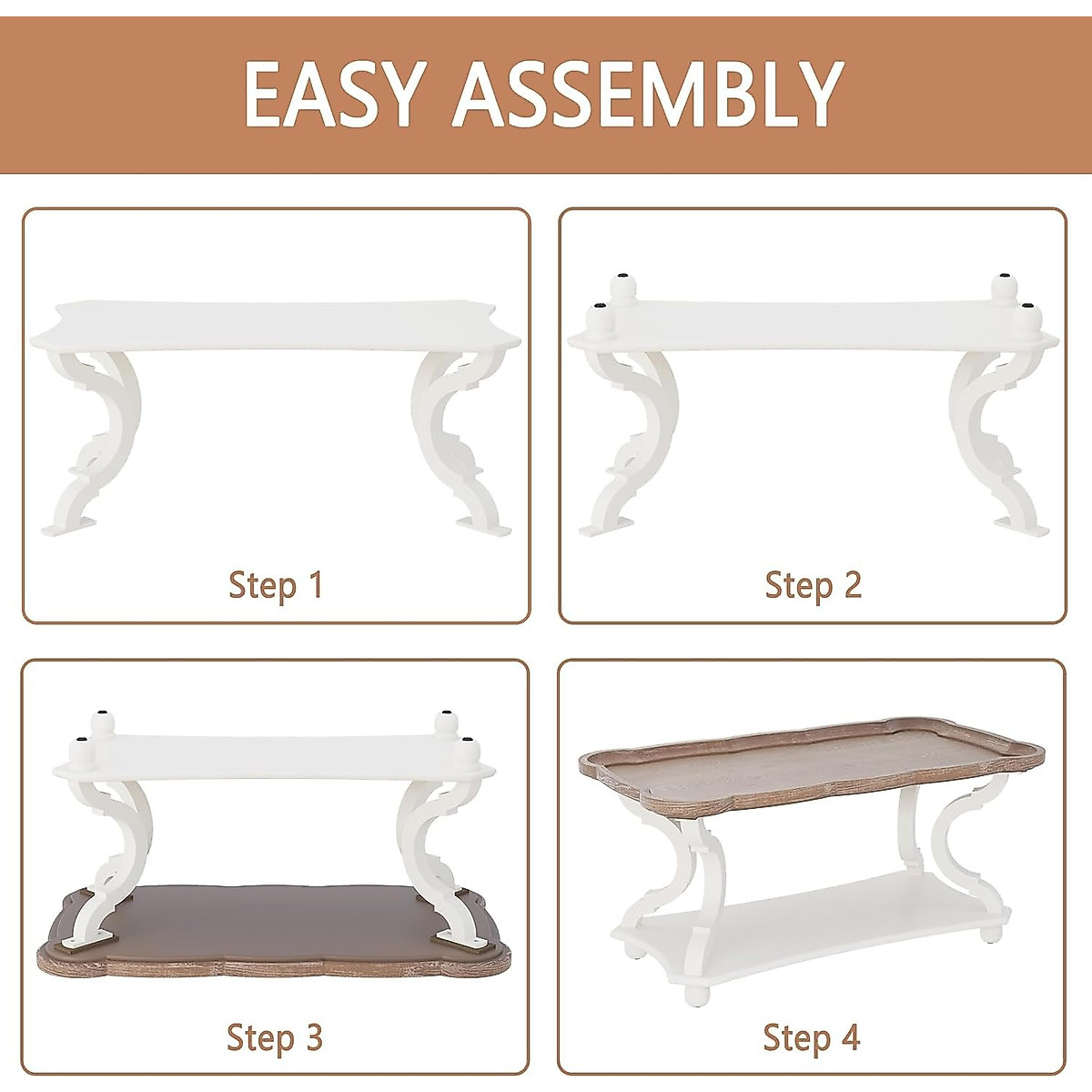 Function Home Farmhouse Coffee Table, Modern Cocktail Table with Storage Shelf, Sofa Table with Natural Tray Top and Carved Legs for Living Room, Bedroom, Dining Room in Vintage White