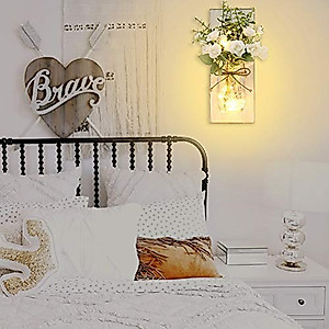 Rustic Wall Sconces Mason Jar Lights Handmade Wall Art Hanging Design with Remote Timer LED Fairy Lights and White Rose, Farmhouse Kitchen Decorations Wall Decor Living Room Sconces (Set of Two)