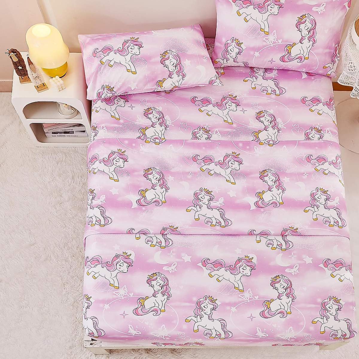 Yibeizi Unicorn Twin Sheets Set for Girls, Kids Cute Princess Printed Bedsheets Microfiber Deep Pocket Bed Sheet & Pillowcase Sets 3 Pieces